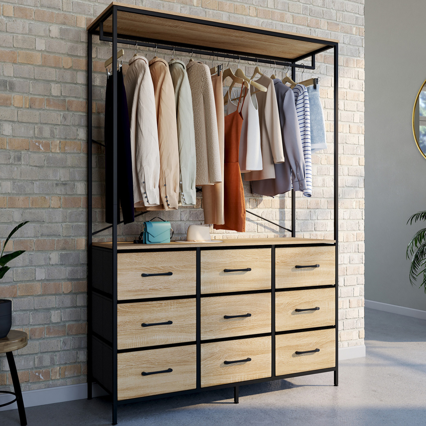 Dressing penderie industriel bois et noir 115 cm avec 9 bacs en tissu ...