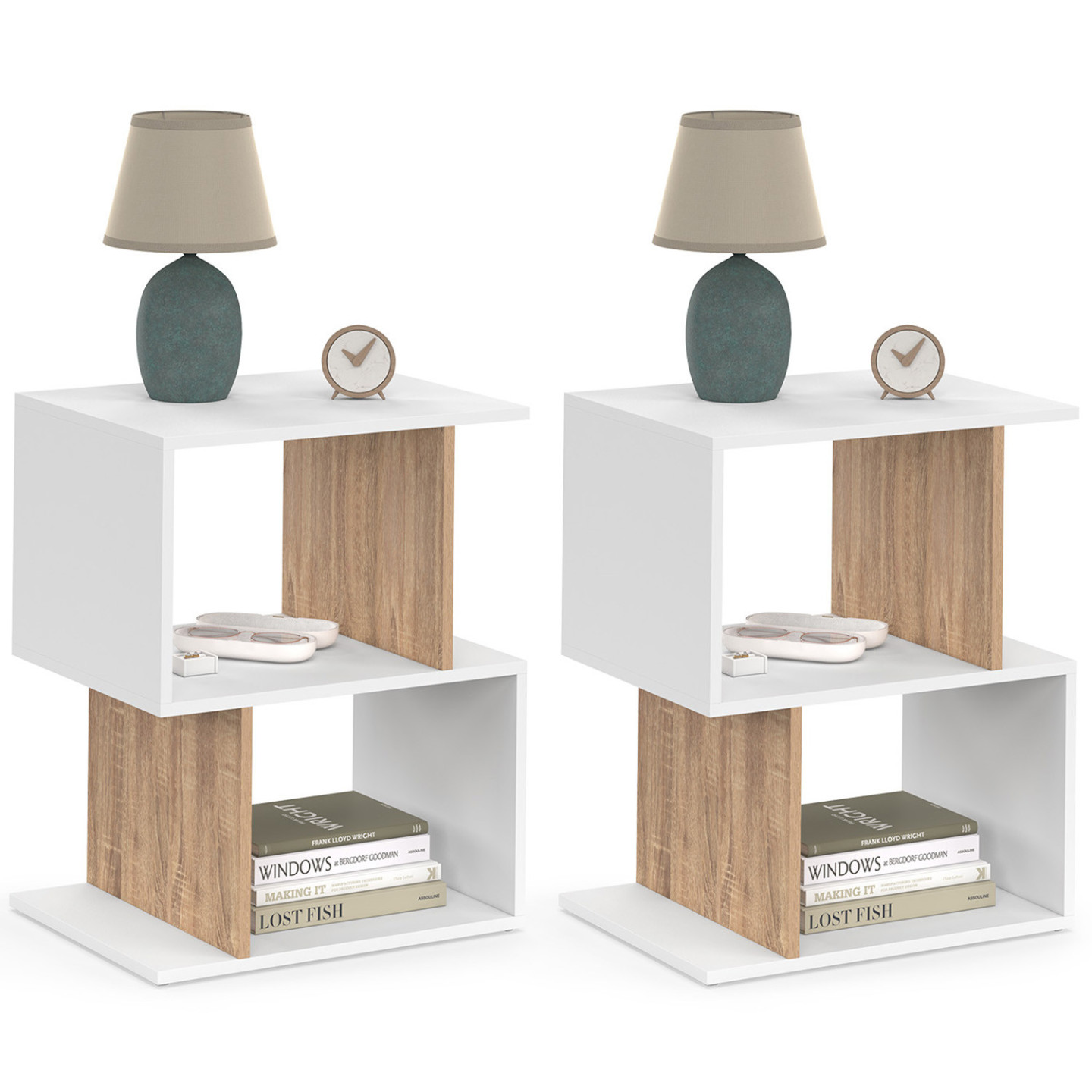 Tables de chevet forme S avec rangements ouverts blanc et effet hêtre ...