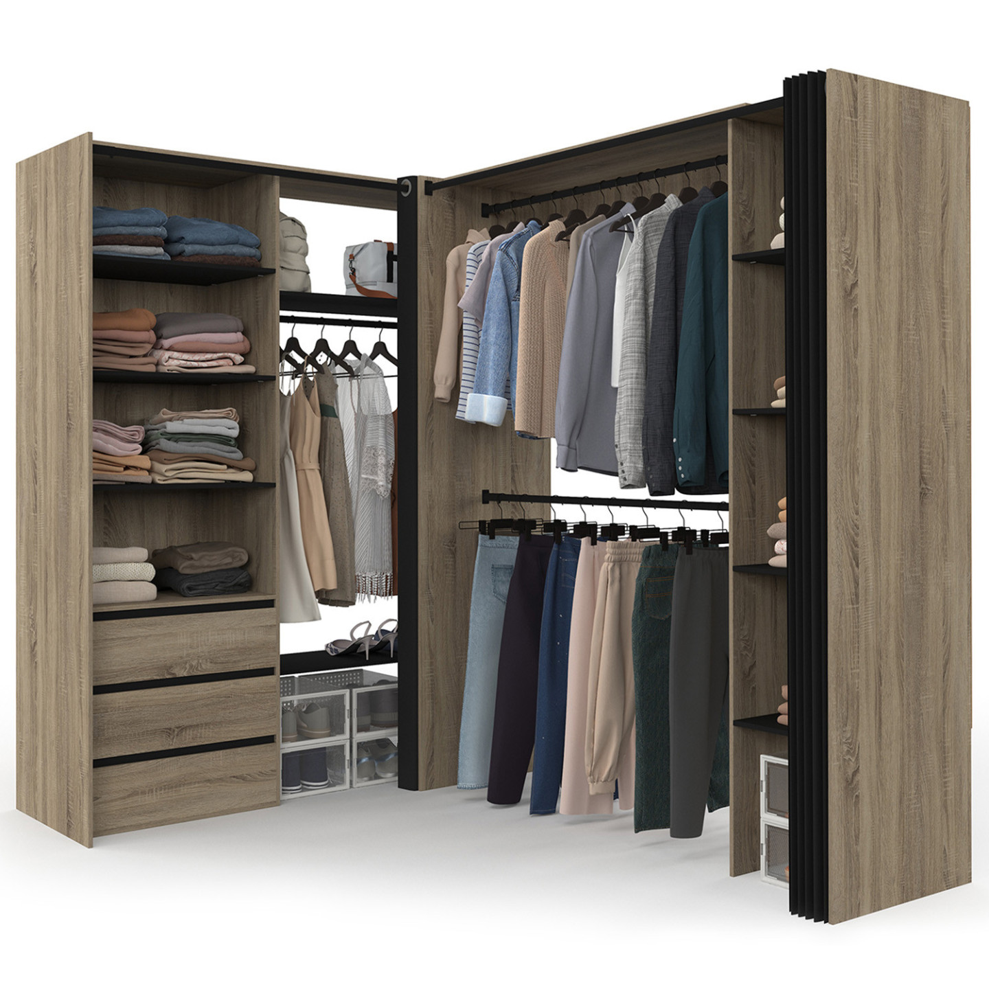 Dressing extensible d'angle 200 x 150 x 180 cm hêtre avec penderies ...
