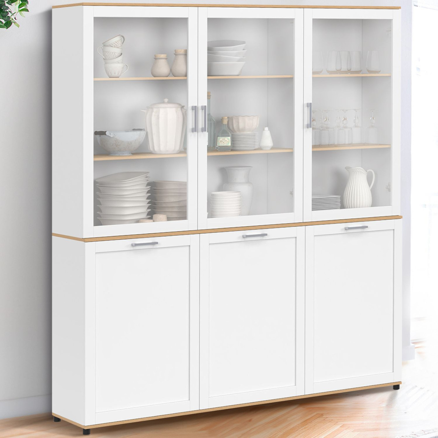 Buffet vaisselier 160 cm meuble de cuisine 6 portes blanc et bois ...