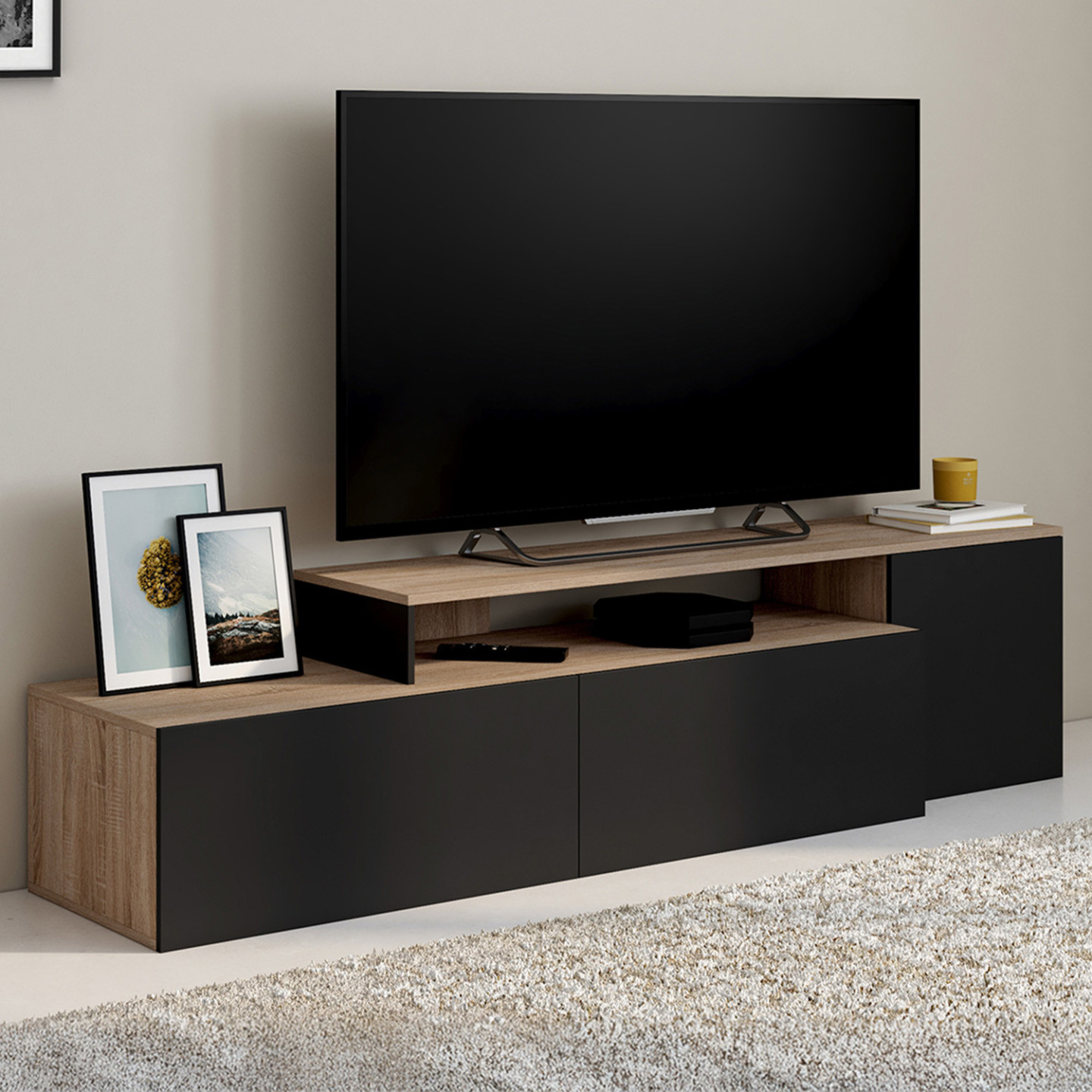 Houten en zwart modulair hoekmeubel TV 180-240 cm - BASILE | IdMarket