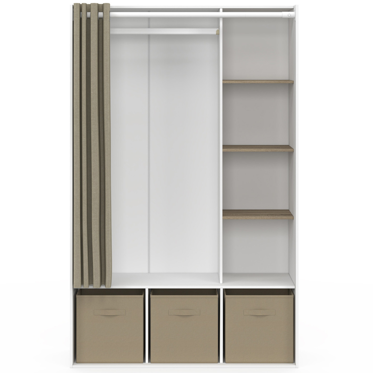 Dressing moderne blanc avec étagères, rangements, bacs et rideau ...