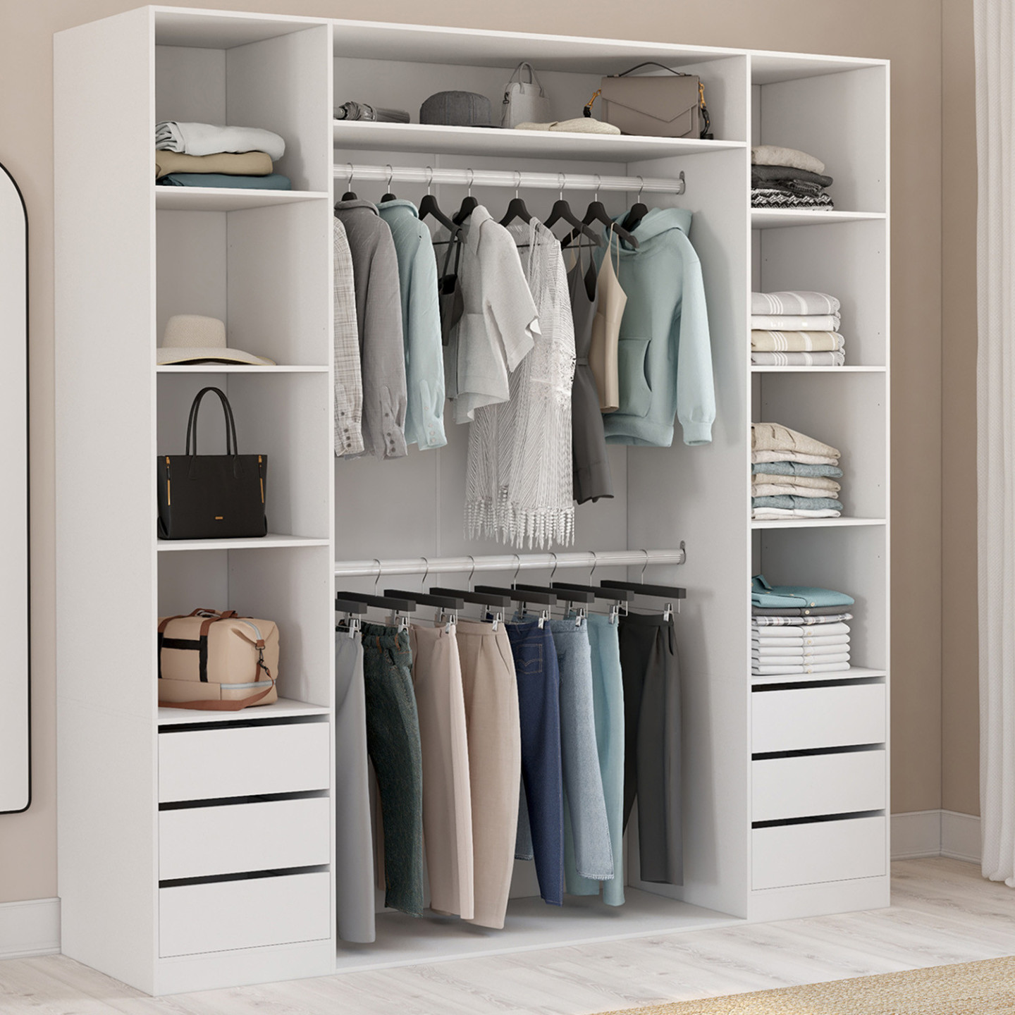 Dressing double 185 x 55 x 200 cm avec étagères + double penderie ...