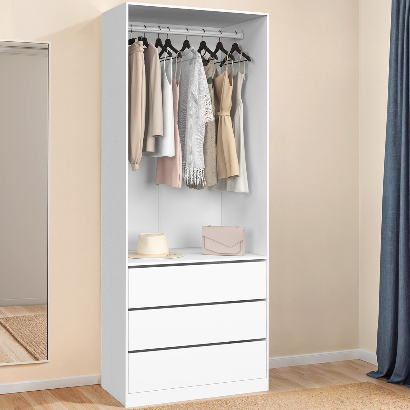 Dressing modulable blanc avec 1 penderie, 7 étagères et 3 tiroirs ...