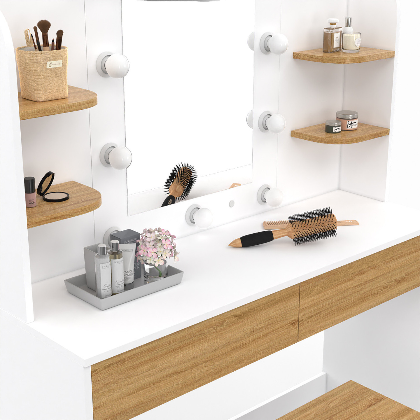 Coiffeuse bois et blanc avec 4 étagères, miroir LED et tabouret - ZELIA ...