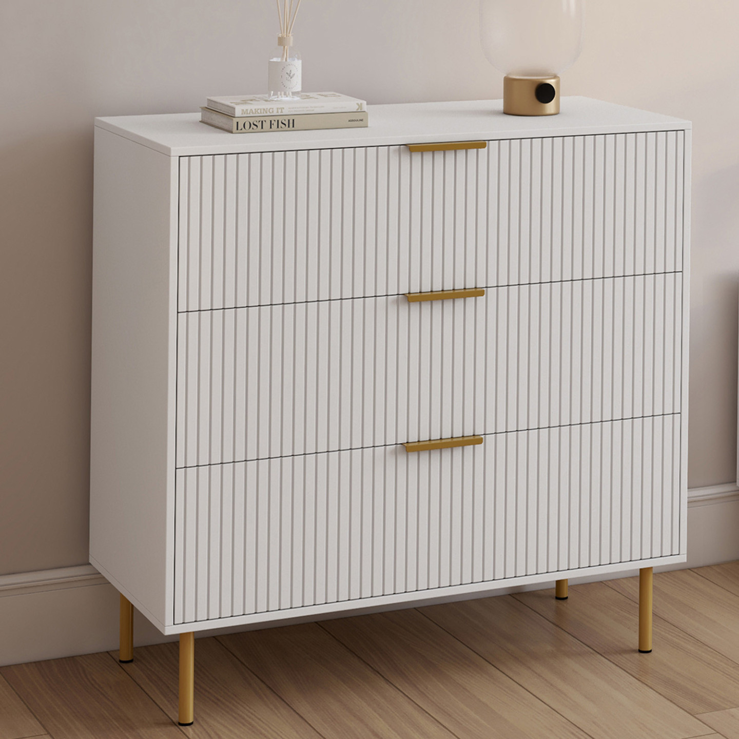 Commode 3 tiroirs MARCEL 80 cm lattes blanc et doré - MARCEL | IdMarket