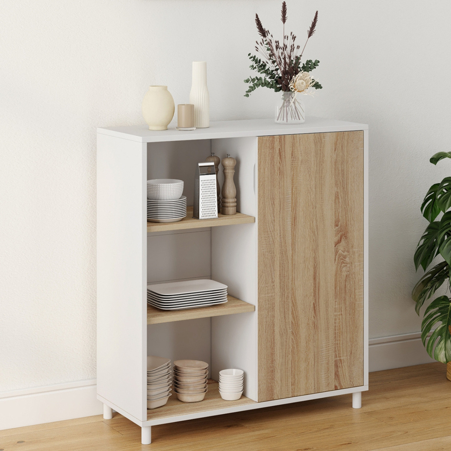 Aparador de 70 cm con 3 estantes y 1 puerta corredera reversible en ...