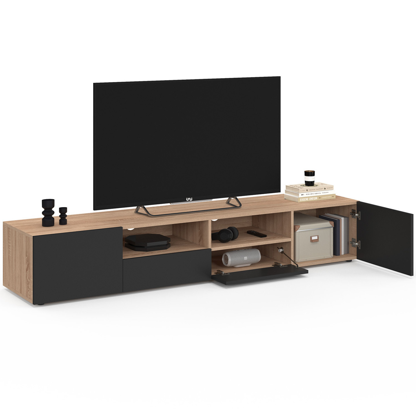 180 cm TV-meubel in beukenhout met zwarte deuren - ELI | ID Market
