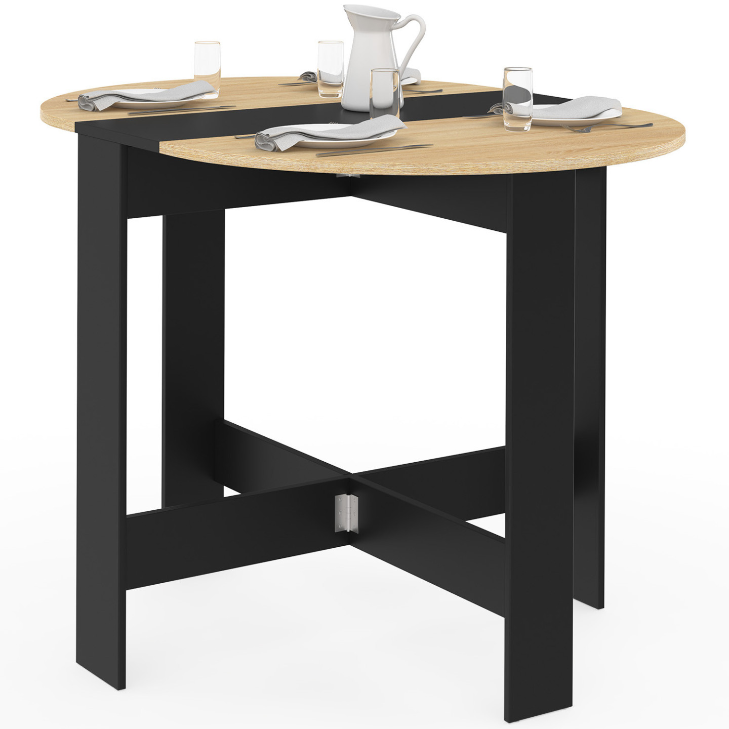 Table console pliable ronde 2-4 personnes bois noir plateau façon hêtre ...