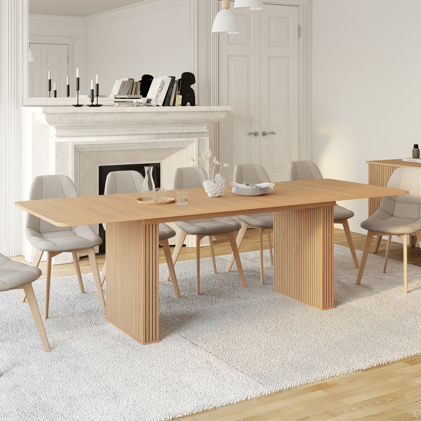 Mesa de comedor rectangular extensible 6-12 personas lamas de madera ...