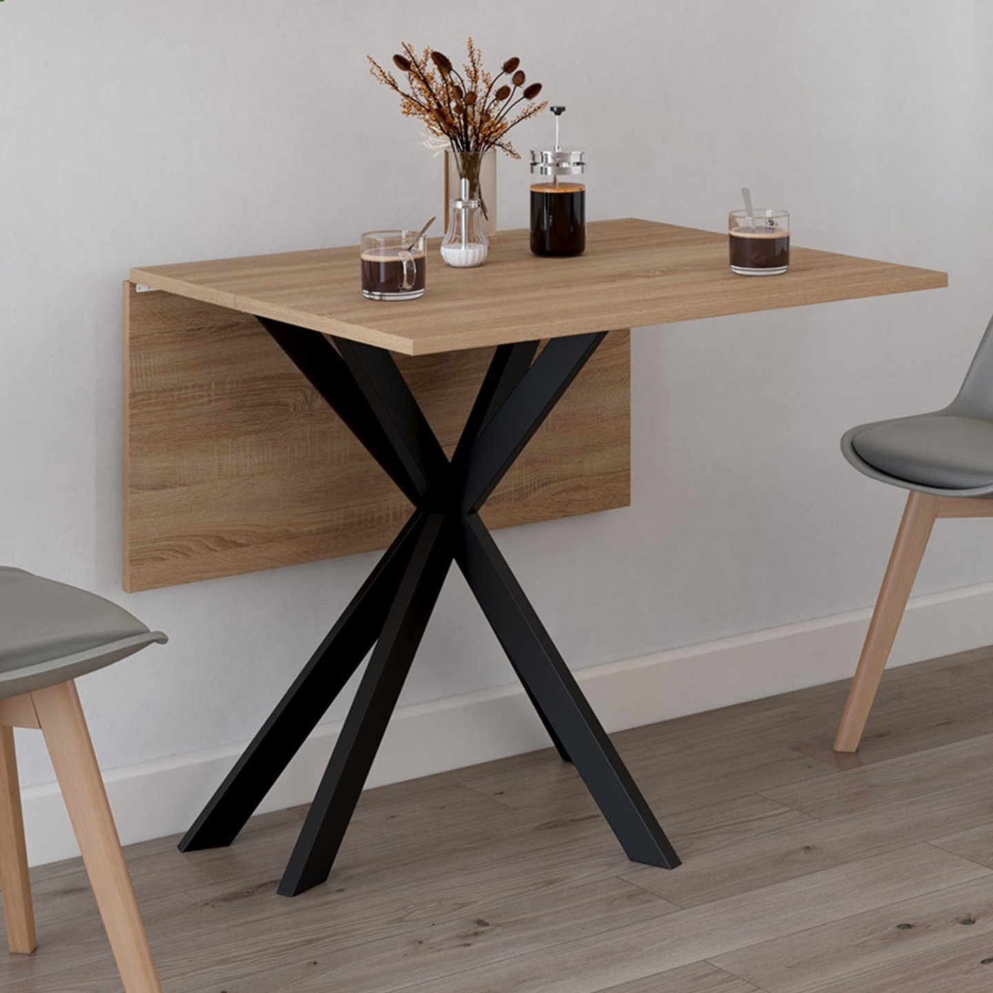 Table console pliable 2-4 personnes pied araignée bois et noir 103 x 76 ...