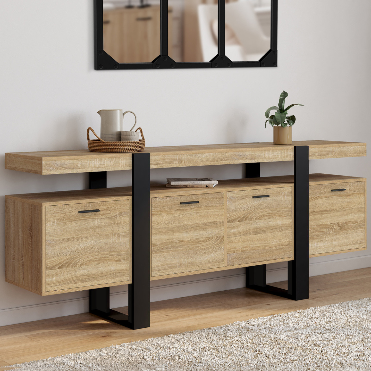 Buffet enfilade 200 cm XXL 4 portes avec niche bois et noir - PHOENIX ...