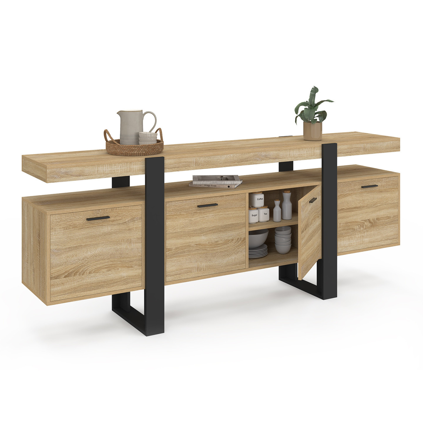 Buffet enfilade 200 cm XXL 4 portes avec niche bois et noir - PHOENIX ...