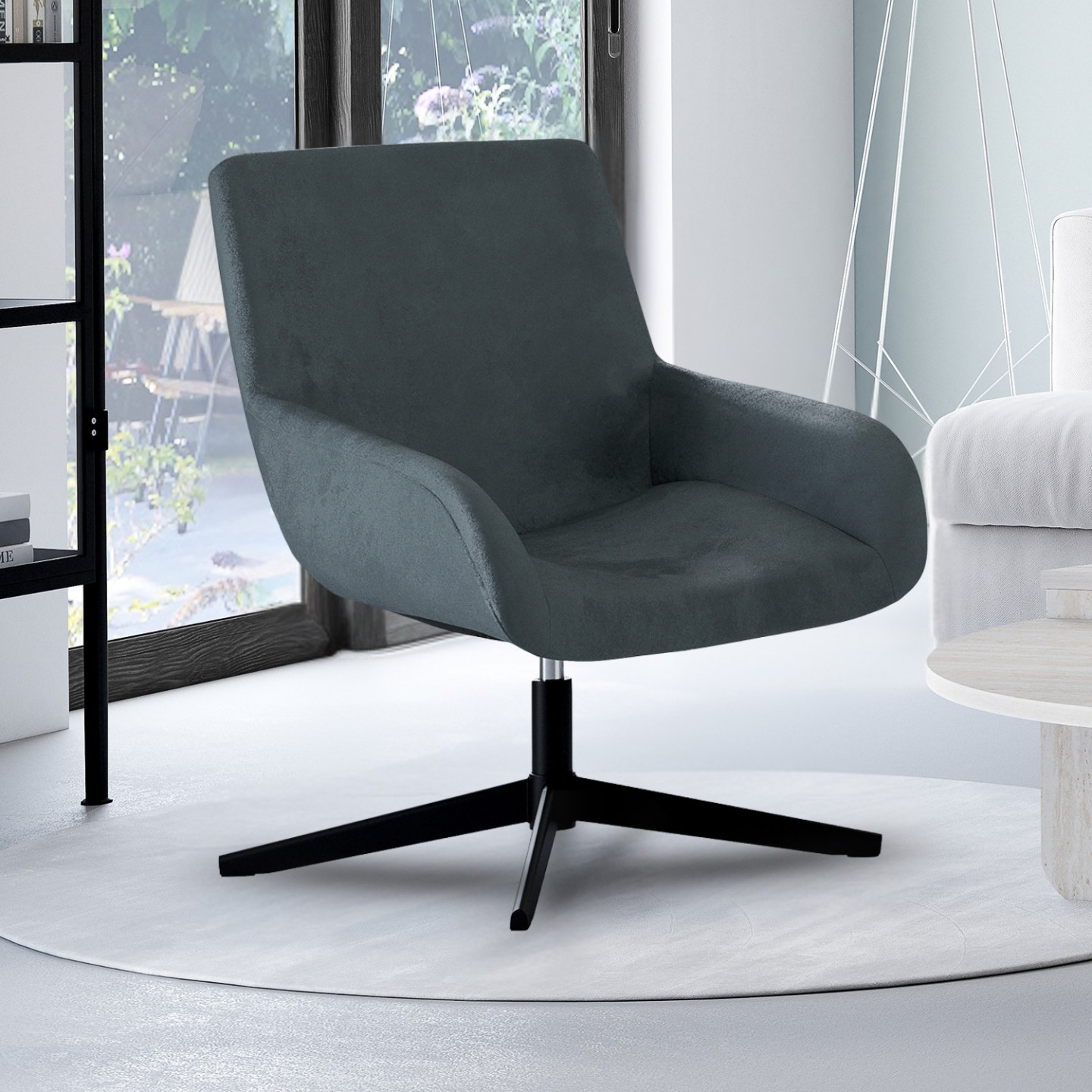 Grauer Drehsessel mit Samtbezug und schwarzen Beinen - ALBUS | IdMarket