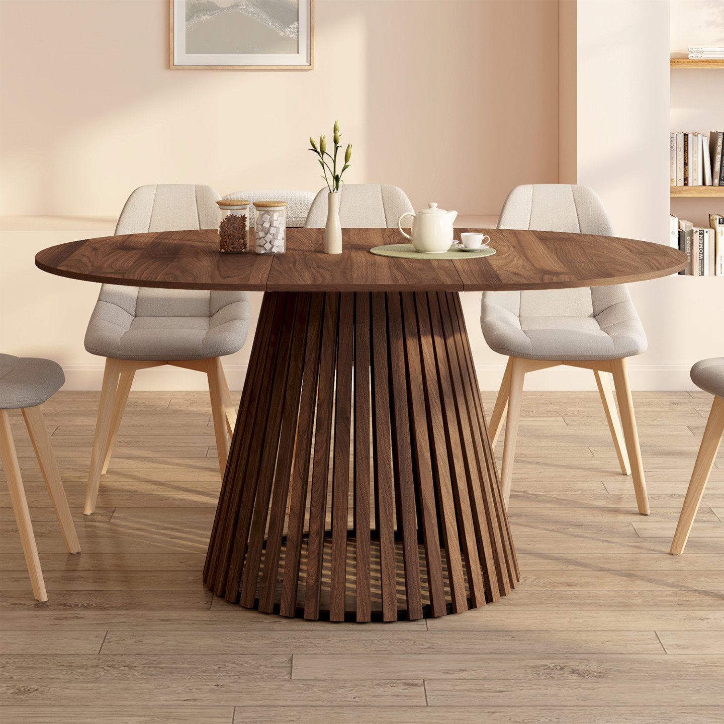 Mesa de comedor redonda extensible 4-8 personas con pata de listones de ...