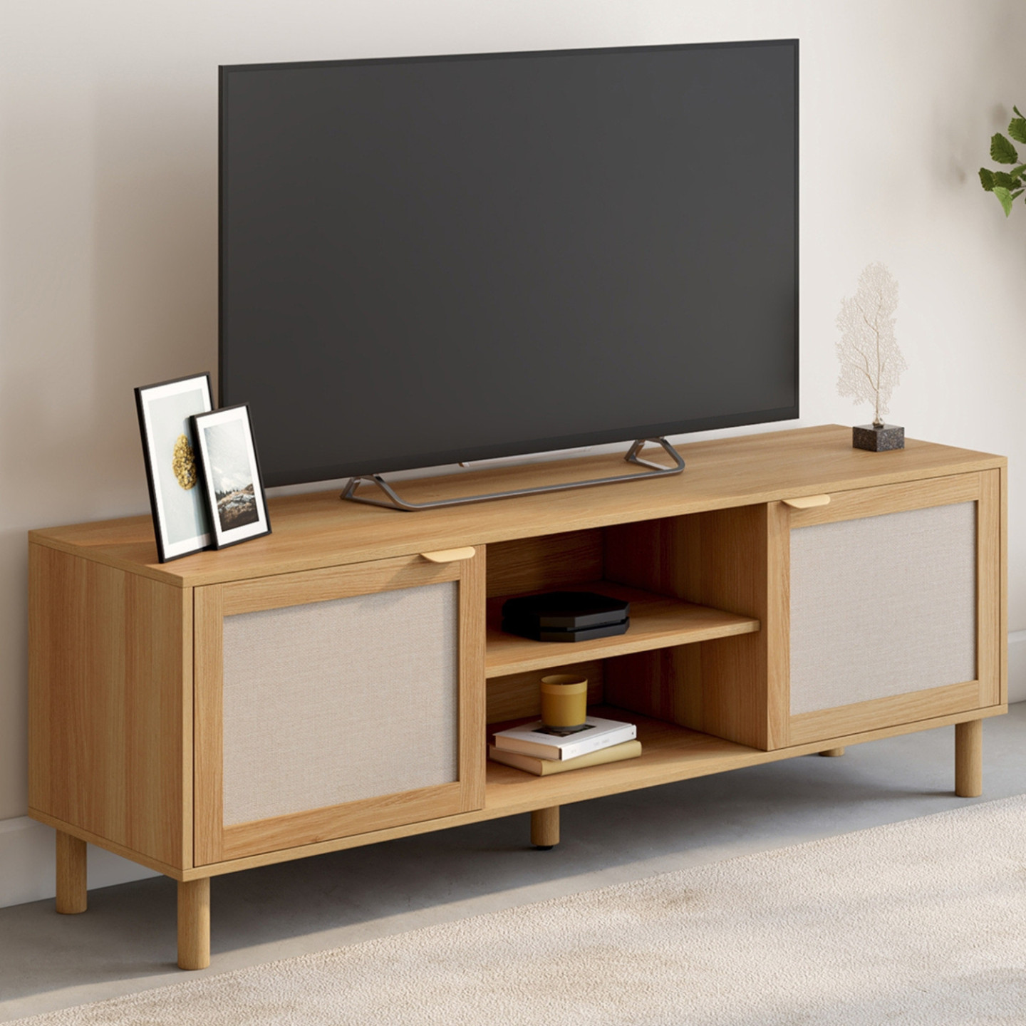 140 cm 2-deurs TV-meubel met hout- en linneneffect - ROBIN | IdMarket