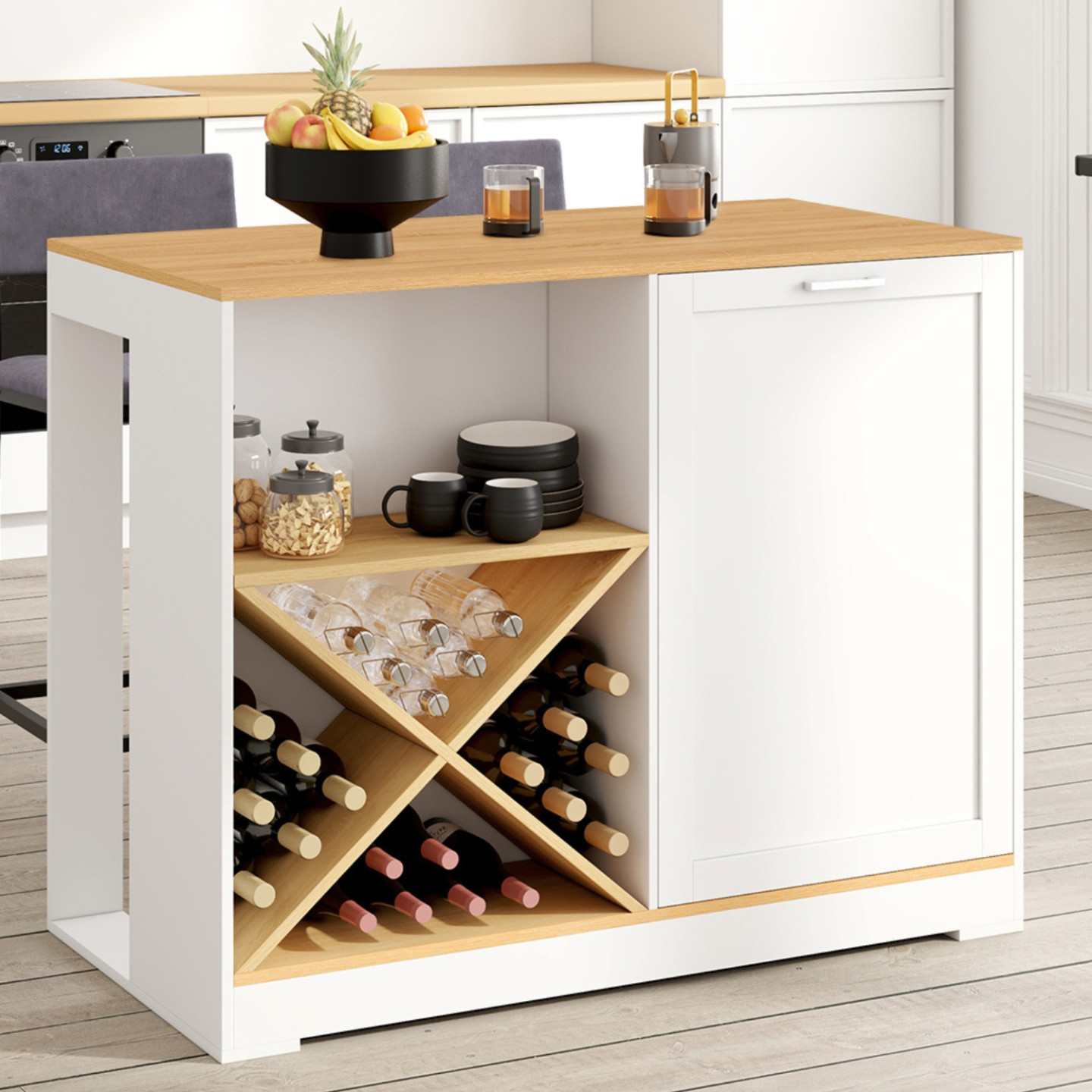 Table de bar îlot 113 cm avec range-bouteilles bois blanc et plateau ...