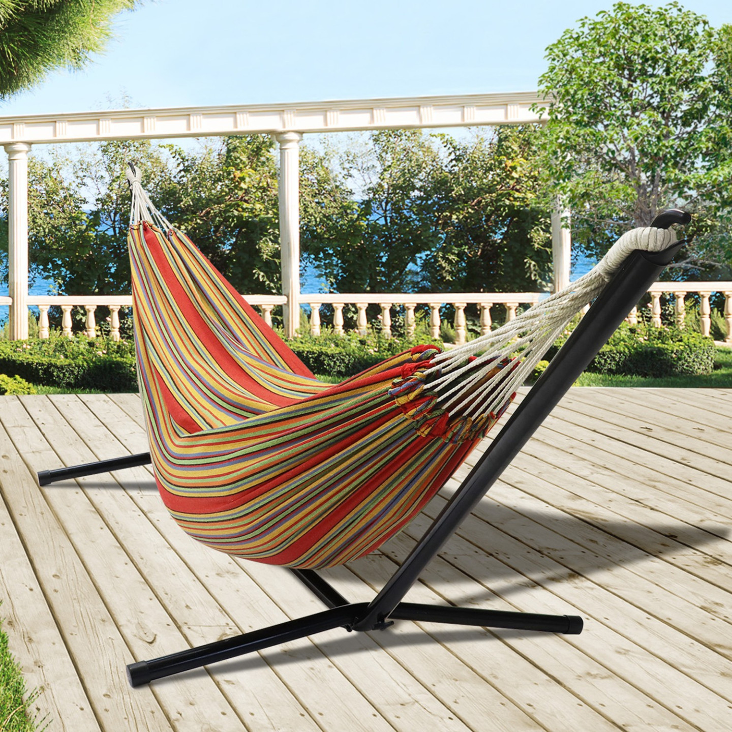 Hamac sur pied métal pas cher en toile rouge et jaune | ID Market